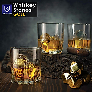 KEISSCO Stainless Steel Chilling Cubes Reusable Ice Cube Whiskey Stones for Drinks Beverage Jumbo Chilling Stones Set with Ice Tongs and Freezer Storage Tray for Whiskey, Gold Color Edition (8 Pack)