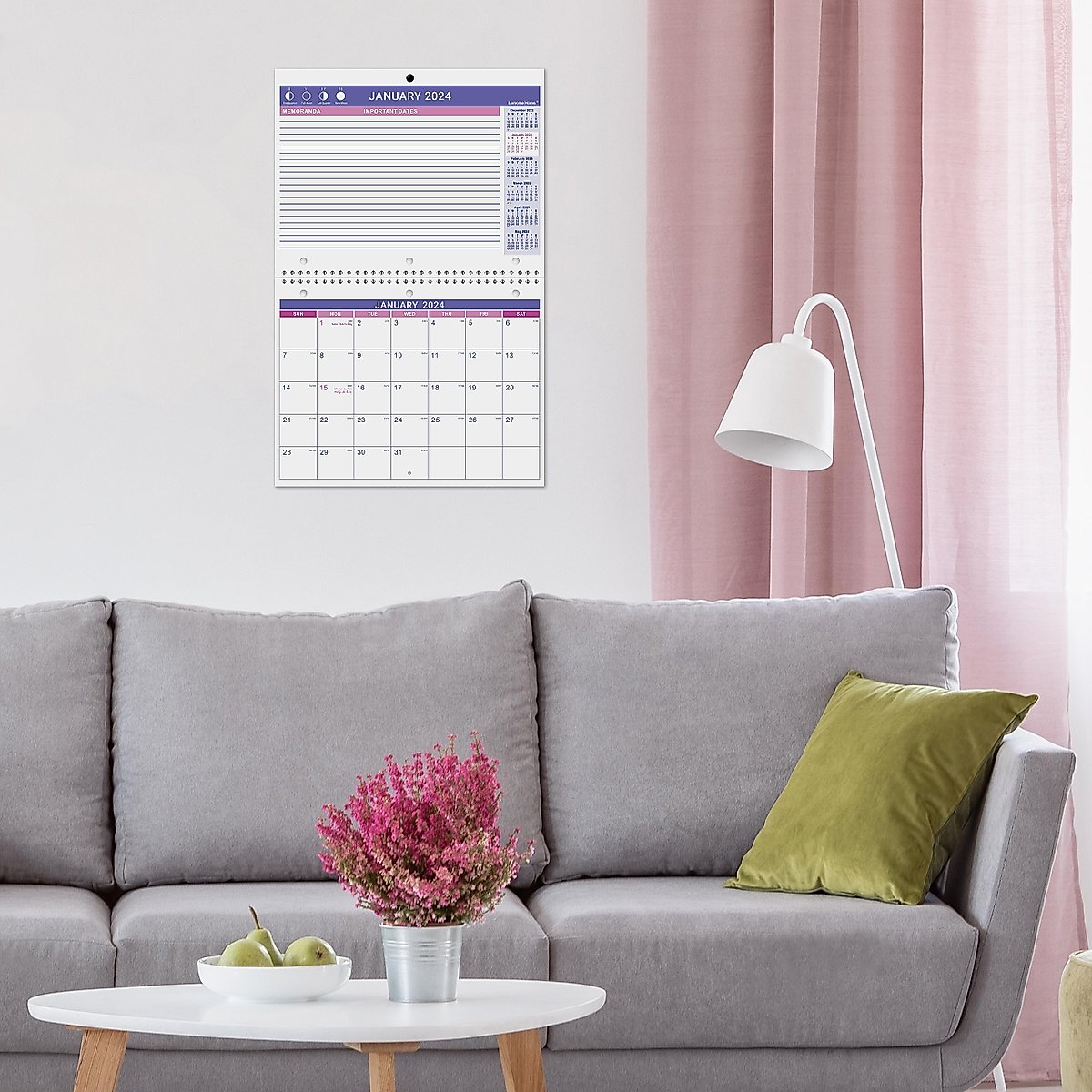 2024 Calendar - 2024 Wall Calendar, JAN. 2024 - DEC. 2024, 11" x 8.5", 12 Monthly Calendar 2024 with Twin-Wire Binding + Hanging Hook + Unuled Blocks with Julian Dates - Purple