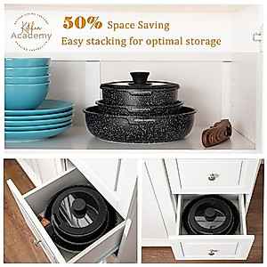 Kitchen Academy Detachable Handle Induction Cookware Sets - 10 Piece Non-stick Cooking Pots and Pans, Black Granite Stackable RV Cookware for Camp