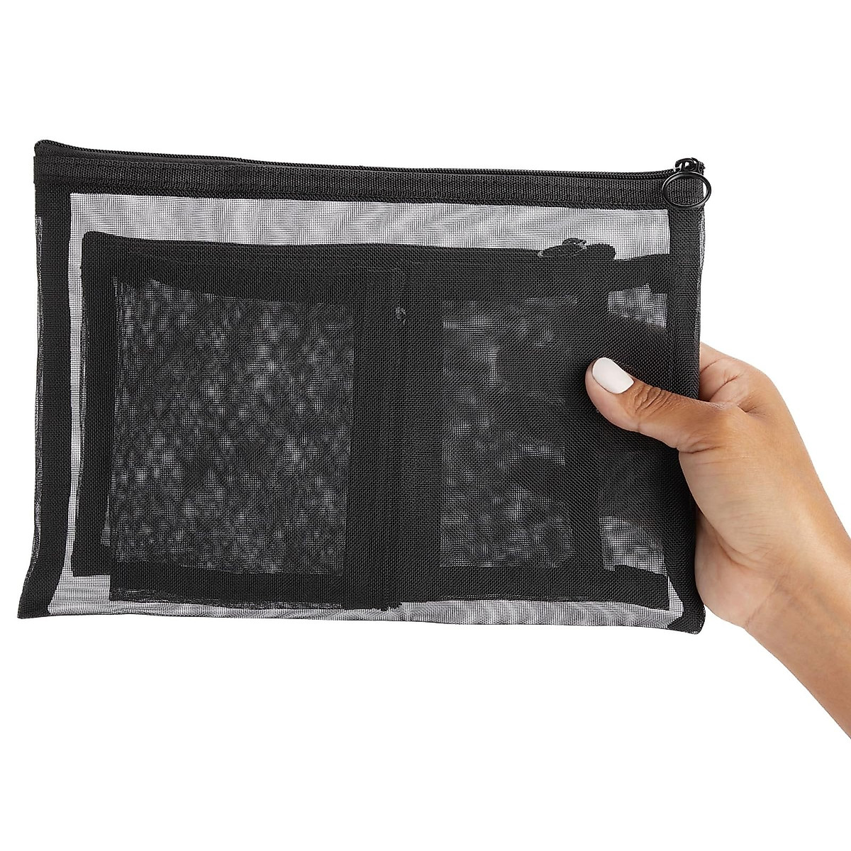 Glamlily Mesh Makeup Bag Set of 4, Travel Zipper Pouch for Cosmetics (Black, 3 Sizes)