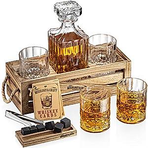 Whiskey Stones Gift Set for Men | Whiskey Decanter with Glasses Set and Wood Stand, 6 Granite Whiskey Chilling Stones and 10oz Whiskey Glasses | Whiskey Decanter Set For Men, Dad, Husband, Boyfriend