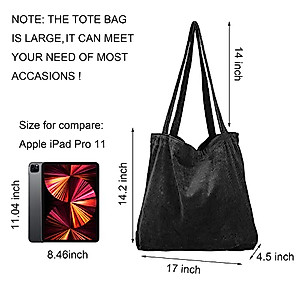 YINUO Women’s Corduroy Tote Bag, Casual Handbags Big Capacity Shoulder Shopping Bag with 2 Pockets (Black)