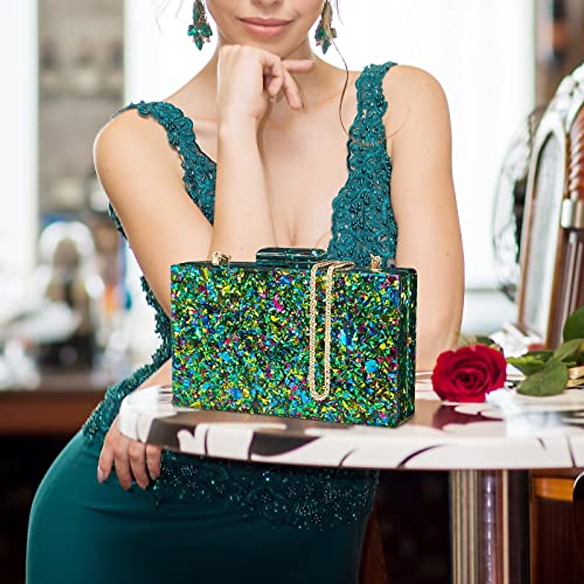 NUSTTAL Clutch Purses for Women wedding Evening Bag Shoulder Handbag Glitter Acrylic Box Clutch Bag-Green