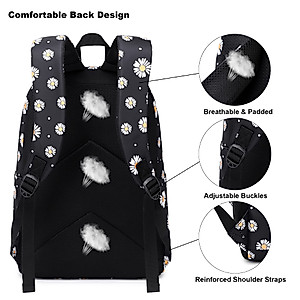 Kouxunt Daisy School Backpack for Girls Womens, School Bags Collge Bookbags Laptop Backpacks for Kids Teens Adults (Black)