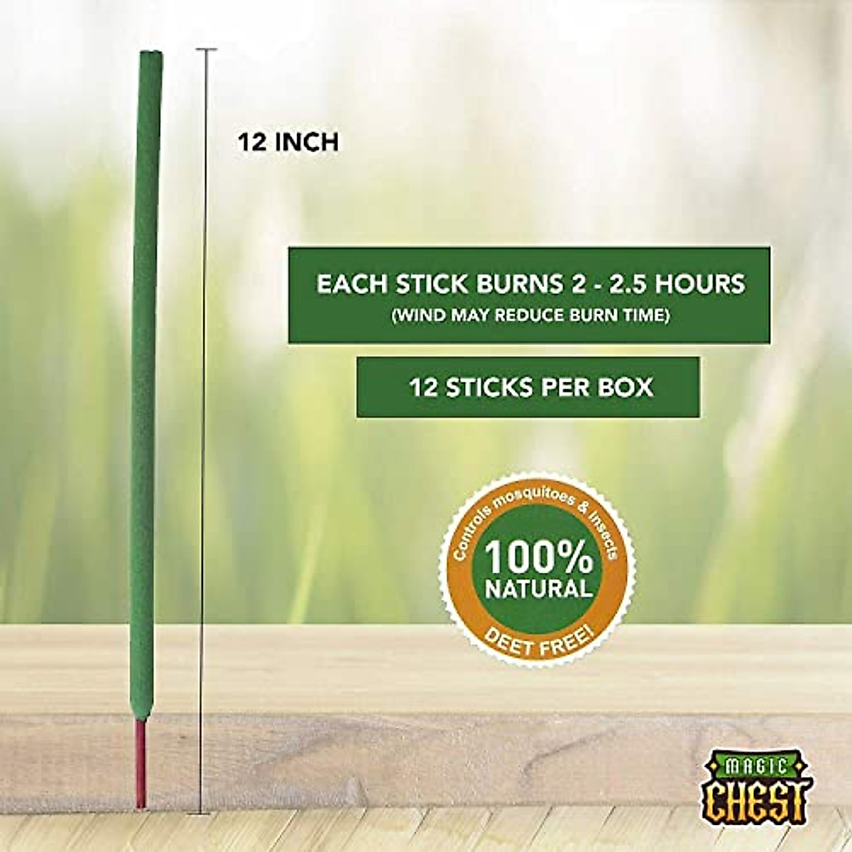 Magic Chest Mosquito Repellent Outdoor Incense Sticks | Mosquito Repellent for Patio, Backyard, Camping | Natural and DEET Free | Travel Size with Plant Oils | 12 Sticks per Box