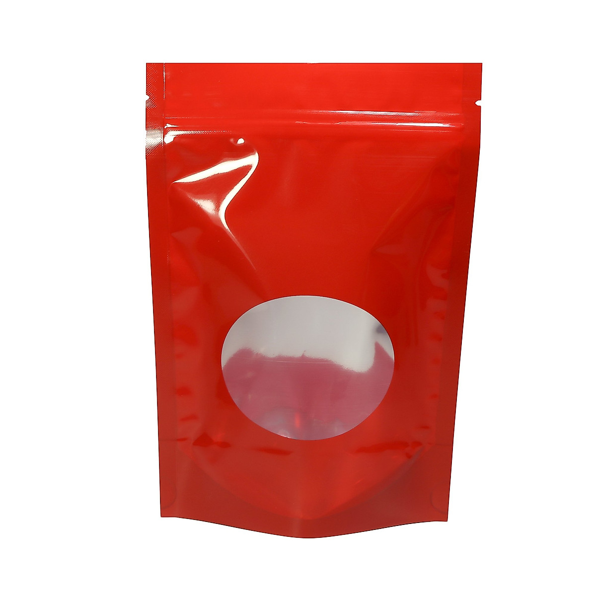 QQ Studio Pack of 100 Glossy Colored Mylar Foil Stand-Up Zip Seal Bags w/Clear Round Window (Glossy Red, 4.0 inches x 6.3 inches)