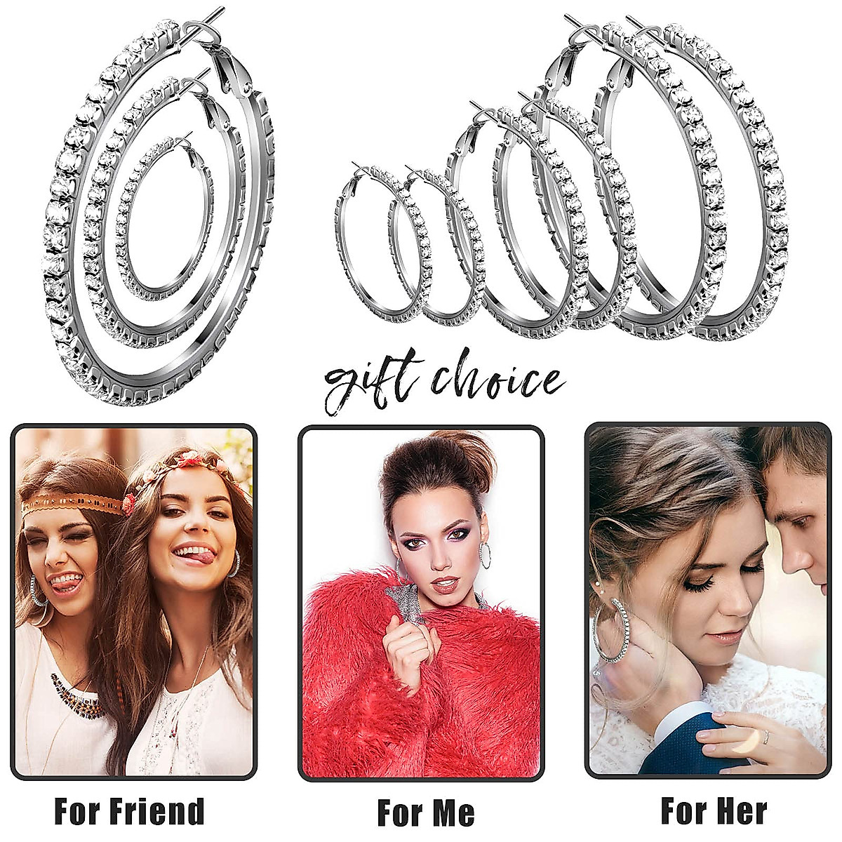 5 Pairs Large Crystal Hoop Earrings Set Big Shiny 3-7 cm Round Party Earrings Lightweight Rhinestone Hoop Earrings for Women Jewelry (Silver)