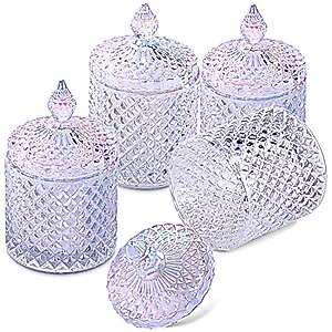 LUXETA Multi-Use Luxury Glass Apothecary Jars Embossed Candle Making Containers with Lids Home Décor Organizer for Vanity Kitchen Living Bathrooms Candy jar Decorative Votive Holders.4 Pcs -10 oz.
