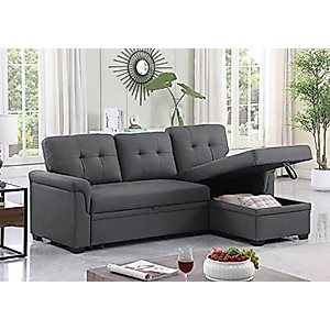 Lilola Home Lucca Performance Artificial Leather L-Shaped Pull-Out Sleeper Sofa Sectional with Reversible Storage Chaise and Solid Wood Frame, Gray