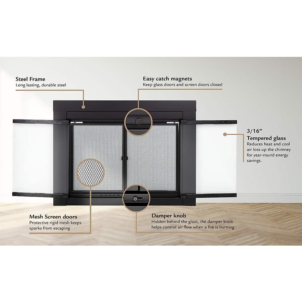 Pleasant Hearth AN-1012 Fireplace Screen, Large, Black