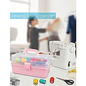 Beoccudo Pink Craft Box Art Box 3 Layers Plastic Portable Storage Box with Handle Nail Sewing Organizer Pink Tool Box Hair Supply Storage