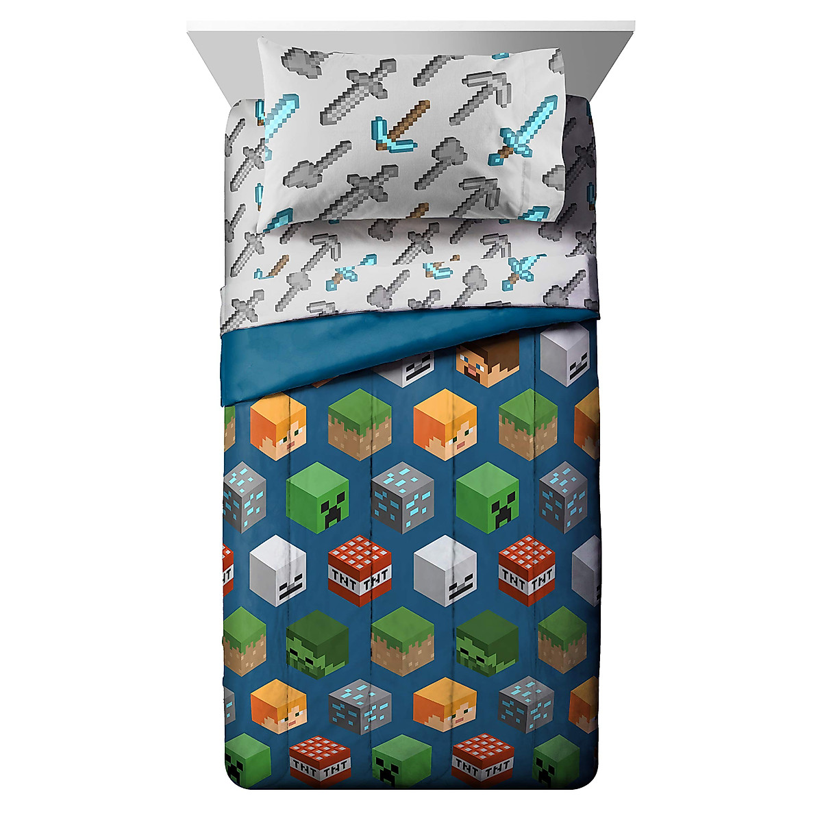 Jay Franco Minecraft Isometric 4 Piece Twin Bed Set - includes Comforter & Sheet Set - Bedding Features Creeper - Super Soft Fade Resistant Polyester - (Official Minecraft Product)