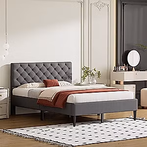 HAUSHECK Upholstered Platform Bed Frame Full Size, Bed Frames with Button Tufted Headboard, Wooden Slats Support, No Box Spring Needed, Bedframe for Kids & Adults