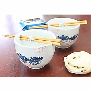 ラーメンボウル [Set of 2] Japanese Porcelain Ceramic Bowls w Chopsticks Ramen Soup Noodle Porridge Menudo Ramen Udon Pasta Cereal Ice cream Pho Rice Instant Noodle ~ We Pay Your Sales Tax (Puffer Fish)