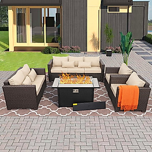 Rattaner 5-Piece Outdoor Patio Furniture 45 in Outdoor Fire Pits Patio Furniture Set 60000 BTU Outdoor Propane Fire Pit No-Slip Cushions Waterproof Covers, Khaki