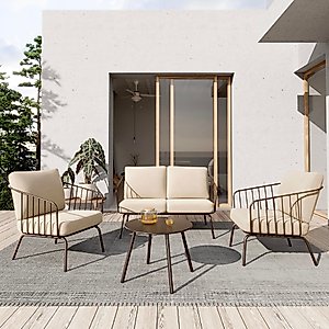 EAST OAK 4-Piece Plaza Patio Furniture Set, Outdoor Furniture with Thick Cushion Sofa and Coffee Table, Modern Patio Conversation Set for Garden, Backyard and Porch, Brown & Beige