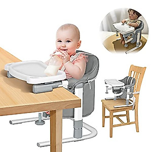Hook On Chair, Yacul 3 in 1 Baby Booster High Chair with Tray, Feeding Seat for Table, Portable and Foldable Free Standing Floor Seat with Carry Bag for Home, Travel and Camping, Grey
