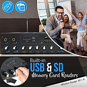 Pyle Professional Powered Amplifier & Bluetooth Receiver Stereo Audio System, FM Radio, (2) 1/4'' Microphone Input Jacks, MP3/USB/SD/AUX Playback, LCD Display ID3 Tag Readout 600 Watt - PT506BT.5