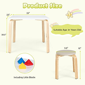 INFANS Kids Wooden Table and Stool Set, 5-Piece Activity Table with 4 Stools for Toddler Building Block Drawing Reading Art Crafts, Children Natural Furniture Set for Kindergarten Classroom