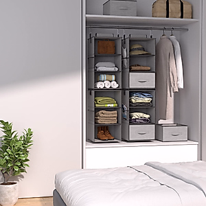 YOUDENOVA Hanging Closet Organizers and Storage, Two 3-Shelf Closet Hanging Shelves with Drawers, Canvas, Beige