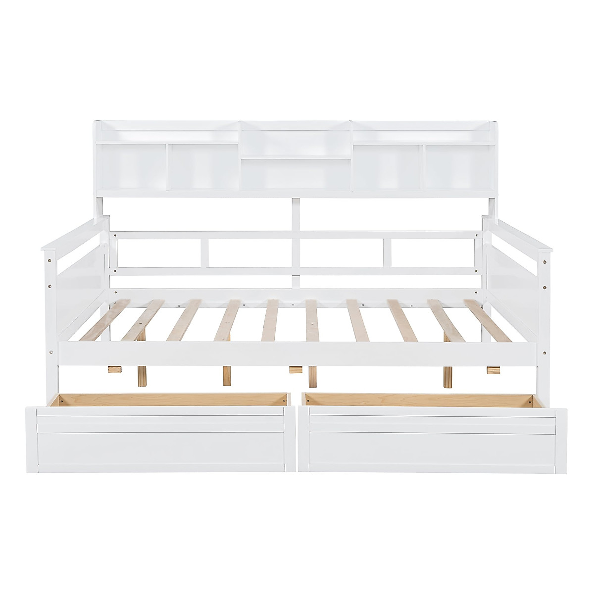 Harper & Bright Designs Full Daybed with Storage, Wooden Full Size Bed Frame with Bookcase Headboard and 2 Drawers, Full Sofa Bed with Shelves for Living Room Bedroom, No Box Spring Need, White