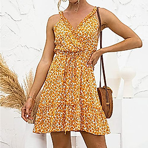 Women's Summer Suspender Dress Floral Ruffled V-Neck Dress Dexy Mini Women's Dress Loose Dresses Orange