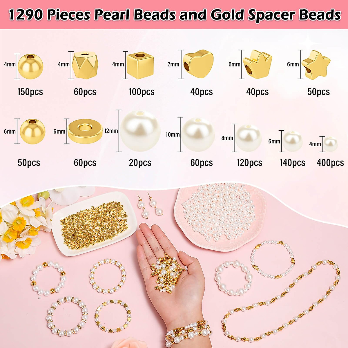 1290 Pieces Pearl Beads and Gold Spacer Beads for Bracelets Making, Assorted Gold Beads, Pearls for Bracelet Jewelry Making Kit