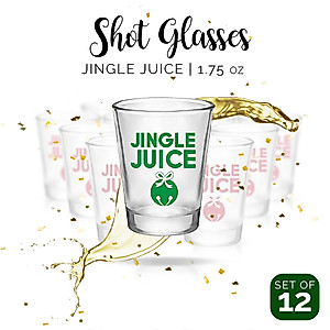 Let's Get Elfed Up - Green Christmas Shot Glasses - Set of 12 Glass Party Shot Cups with Double-Sided Prints - Holiday Cocktail Glasses for Drinking Liquor, Tequila, Vodka