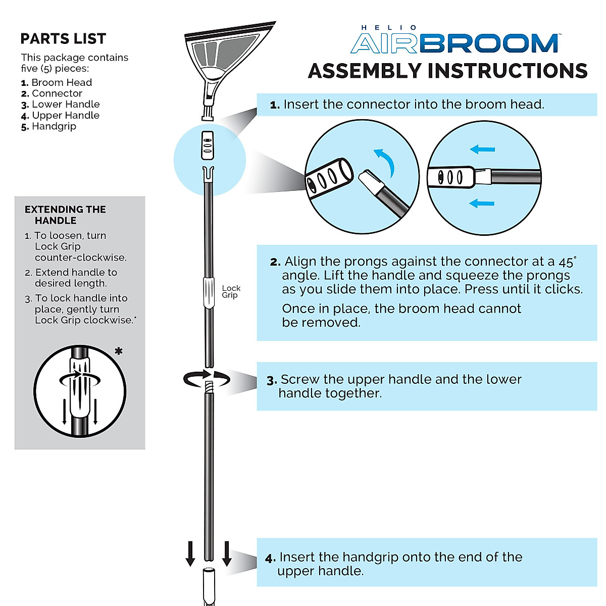 Helio Air Broom 3 Piece Kit All Surface Sweeper and Squeegee for Wet and Dry Cleaning Dust, Dirt, Liquids, Pet Hair, Tile, Hardwood Floors, Carpet, Furniture, Windows, Shower Doors As Seen on TV