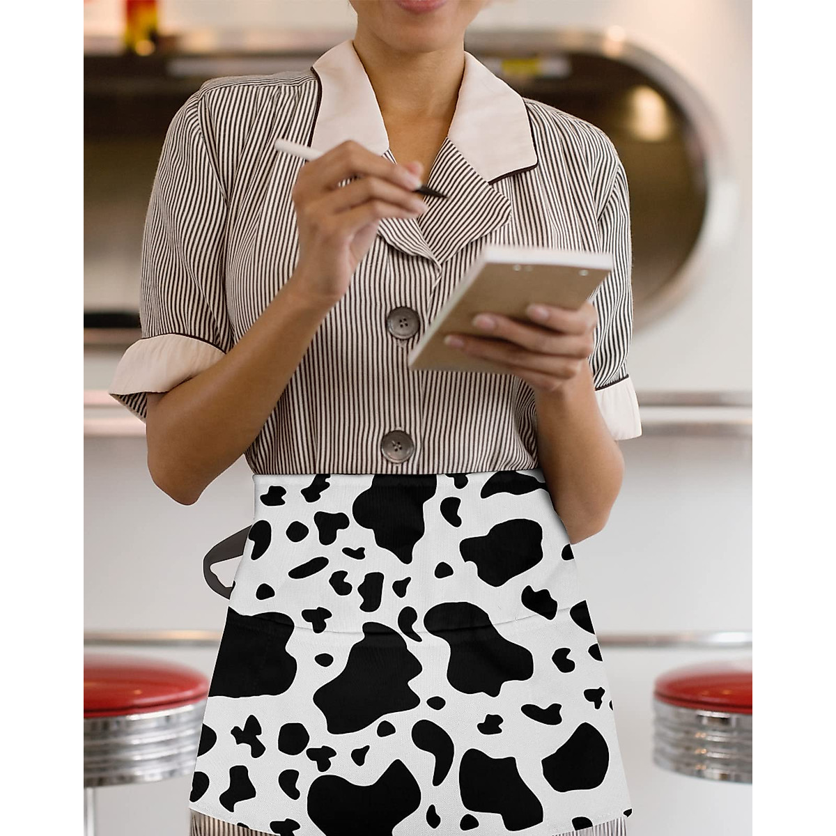 SODIKA Waist Apron with Pockets Half Apron Waitress Waiter Chef Works Unisex Short Aprons Cow Print Animal Themed Black and White 24 Inch x 13 Inch
