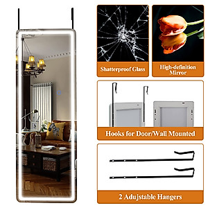 NeuType Full Length Mirror with Lights, 47"x16" LED Full Length Mirror, Over The Door Lighted Mirror with 2 Hangers, Dimmable Brightness & 3 Color, Wall Mirror for Bedroom, No Battery Required, White