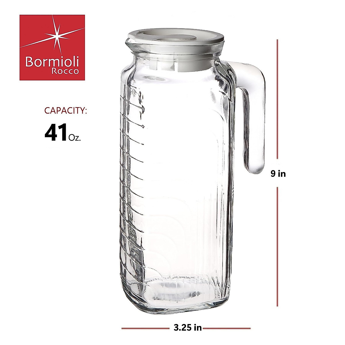 Bormioli Rocco Gelo Set of 2 Glass pitchers, 33.75 Jug with Lid, Carafe for Homemade Juice, Iced Tea, Milk, Cold Brew Coffee, Lemonade, dishwasher safe made in italy (White and Red)