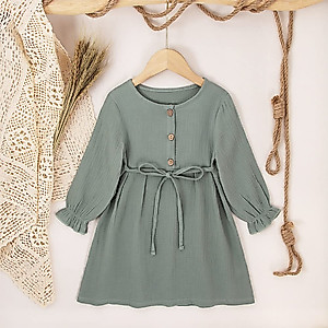 IZYJOY Toddler Baby Girl Cotton Linen Dress Long Sleeve Crew Neck Dresses Button Down Adjustable Belt Casual Fall White Dress (Green, 2-3T)
