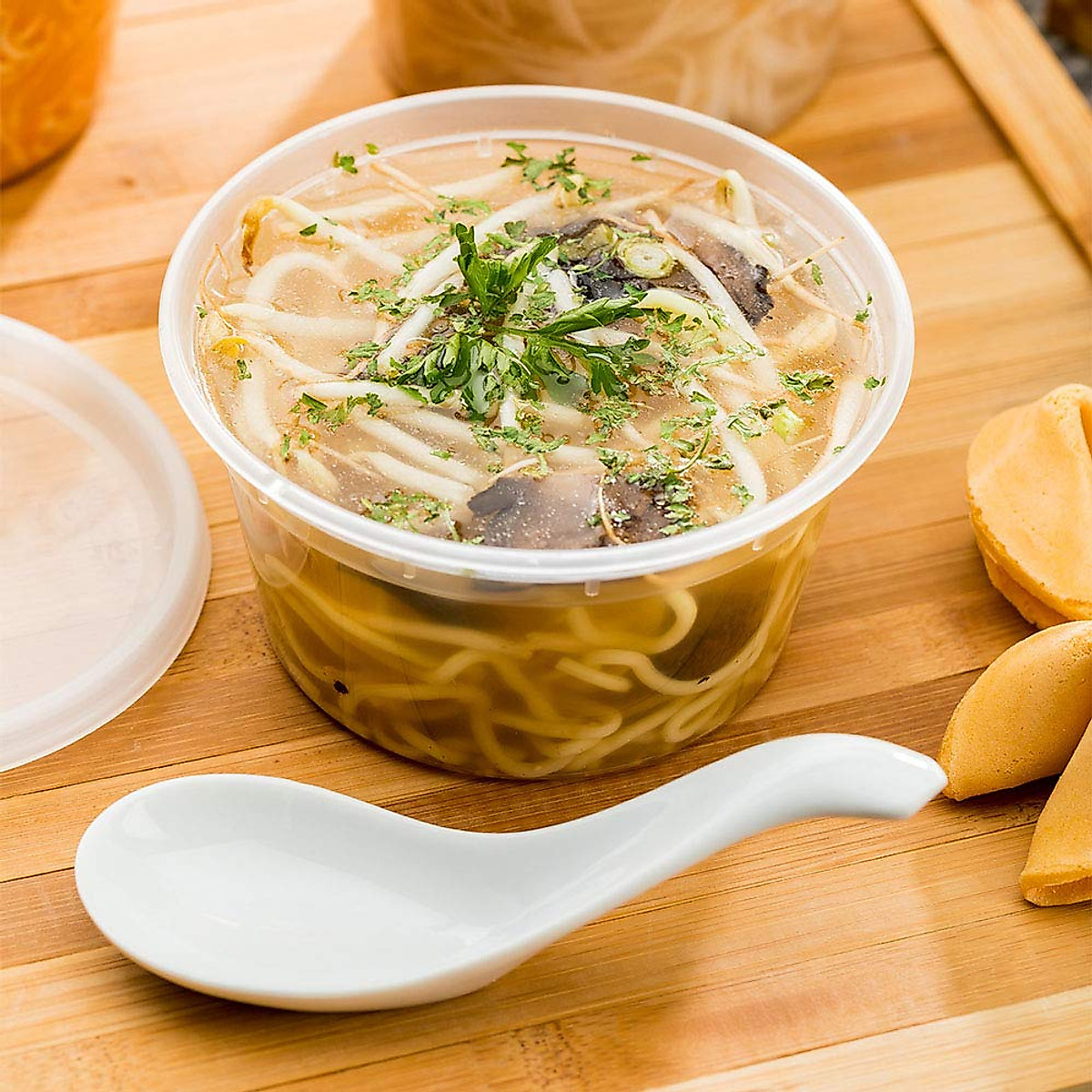 Asporto 12 Ounce To Go Boxes, 100 Microwavable Round Soup Containers - Clear Plastic Lids Included, Do Not Contain BPA, Clear Plastic Soup Containers, Disposable - Restaurantware