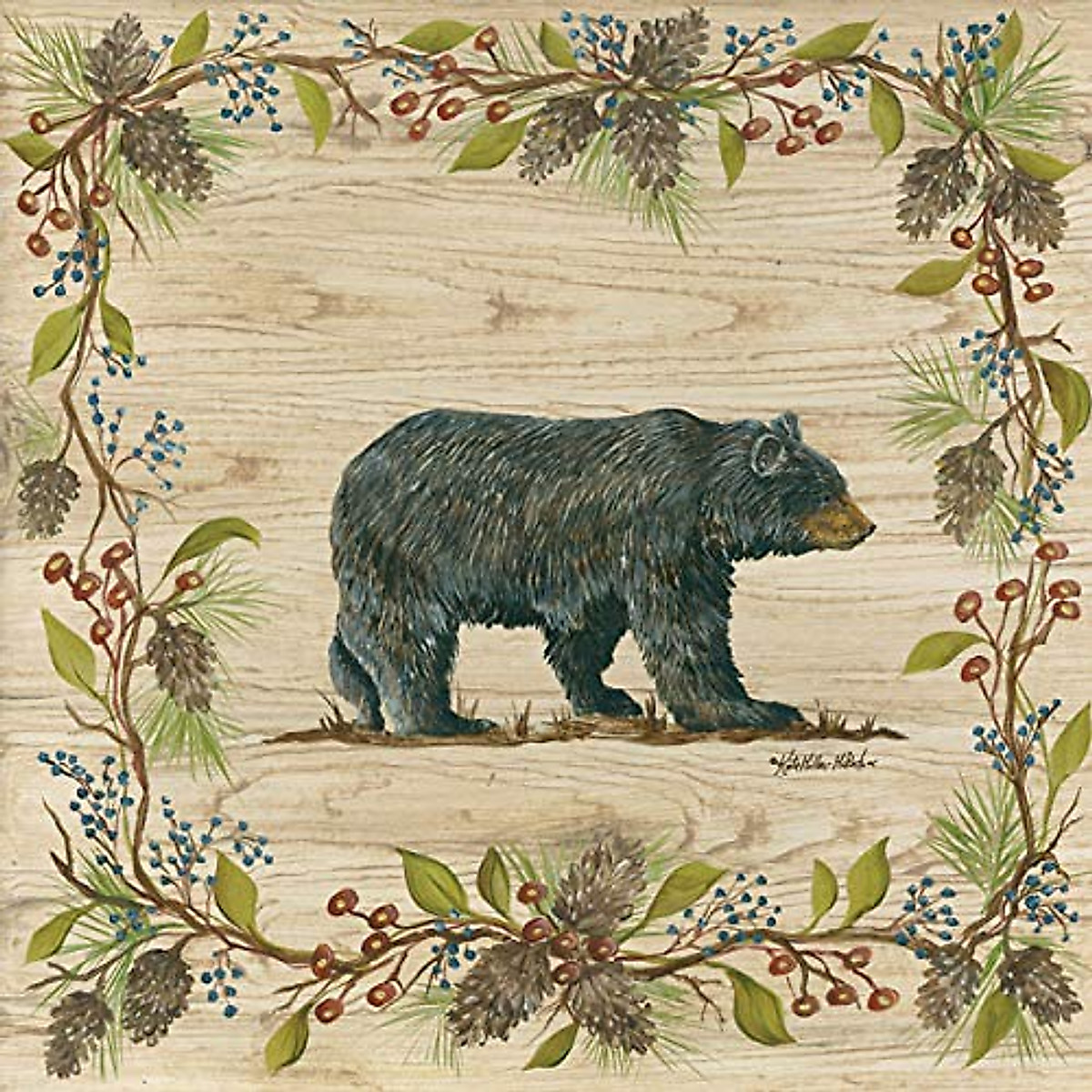 Rustic Pine Cone and Berry Bordered Moose and Bear Set; Cabin Lodge Decor; Two 12x12in Brown Framed Prints; Ready to hang!