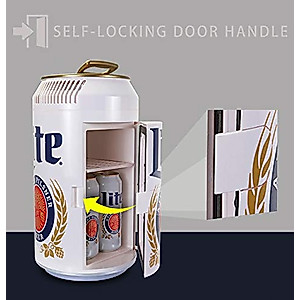 Miller Lite 8 Can Portable Mini Fridge w/ 12V DC and 110V AC Cords, 5.4L (5.7 qt) Beer Can Shaped Personal Cooler, White, Travel Fridge for Beer, Snacks, Lunch, Drinks, Home, Office, Bar, Dorm, RV