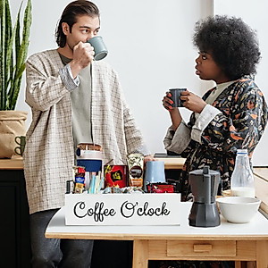 QUALLON Coffee Station Organizer with Small Removable Dividers, Wooden Coffee Bar Accessories Storage For Countertop, Farmhouse Kcup Coffee Pod Holder Basket With Handle For Coffee Lover - white