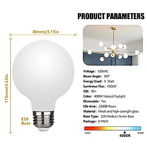 KGC LED Edison Globe Light Bulbs, Neutral White 4000K CRI 90, LED Filament Light Bulb, 5W Equivalent to 40W, G25(G80) Dimmable, Milky Glass, Bathroom Vanity Mirror Light, Pack of 6