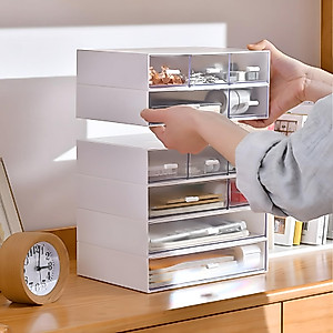 OSteed Desk Craft Organizer and Storage with 7 Flat Drawers, Stackable Plastic Desktop Accessories & Workspace Organizer for Office Stationary, Makeup Skincare, Sanitation Supplies, White