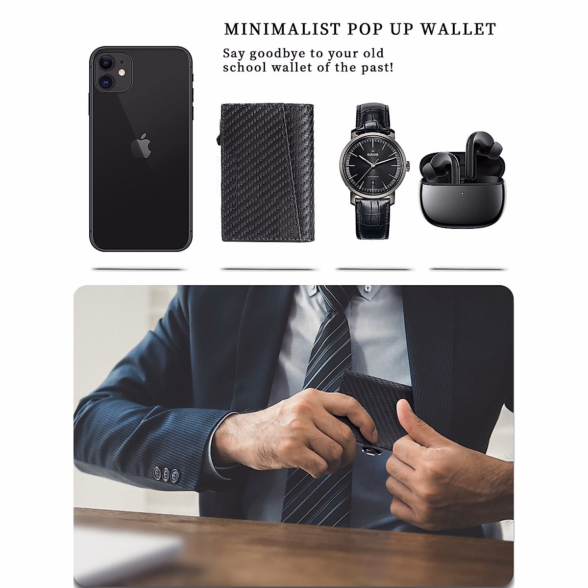 Minimalist Wallets for Men,Slim Wallets for Men,Pop Up Wallet,Credit Card Leather Minimalist Wallet,Minimalist Wallet for Business Men,Carbon Fiber Leather,Men's Wallets,RFID Blocking Protection