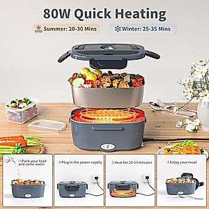 Vingud Electric Lunch Box, 3 in 1 Heated Lunch Box for adults, Portable Heating Lunch Box with 1.5L Removable Stainless Steel Container for Office/Car/Truck, 110V 24V 12V, 80W-60W, Black Grey