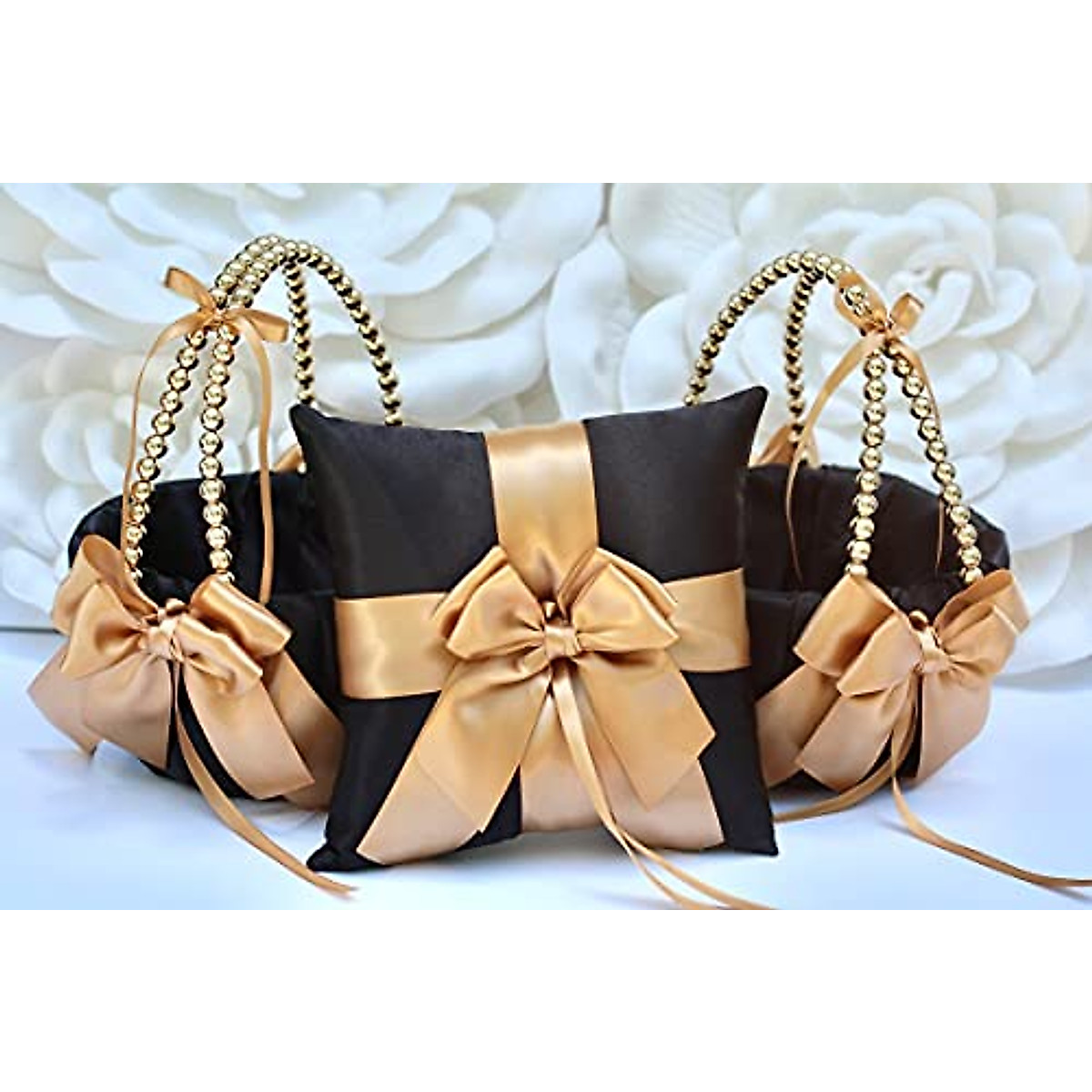 Flower Girl Basket and Ring Bearer Pillow Set Black Gold Wedding Basket Gold Ring Pillow Wedding Ring Pillow Gold Pearl Handle Baske (Black as Picture, 1 Pillow + 1 Basket)