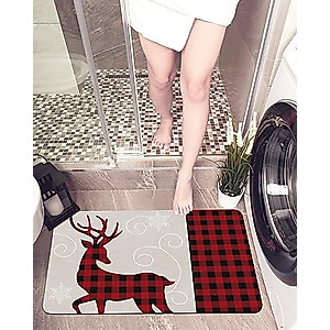Christmas Reindeer Bath Mat for Tub,Non Slip Bathroom Floor Runner Rug Quick Dry & Absorbent Diatomaceous Earth Kitchen Shower Sink Washable Doormat,Red Black Buffalo Plaid Checkered Snowflake 16"x24"
