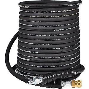 YAMATIC 3/8" Pressure Washer Hose 50FT Hot Water Power Washer Hose Max 212°F with Swivel Quick Connect, 4000 PSI Commercial Grade Steel Wire Braided & Synthetic Rubber Jacket, Kink Resistant