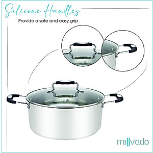 Millvado Stainless Steel Casserole Pot, Large Steel Dutch Oven, Boiling Pot for Soup, Spaghetti, Braising, 8.4 Quart Induction Cooking Pot, Urban Collection Low Round Mirrored Stainless Pots