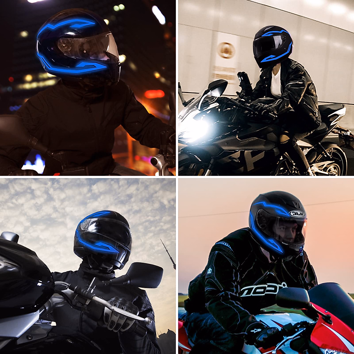 4PCS Upgrade Rechargeable Motorcycle Helmet Light, Night Riding Signal EL Light Sticker, 3 Mode Led Helmet Light Strip Accessories for Bike (Rechargeable Powered, Blue)