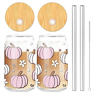 Whaline 2 Pack Fall Drinking Glasses 16oz Pumpkin Flower Star Glass Cup Pink White Pumpkin Iced Coffee Cup with Lid Straw Cleaning Brush for Autumn Thanksgiving Cocktail Whiskey Beer Soda Gifts