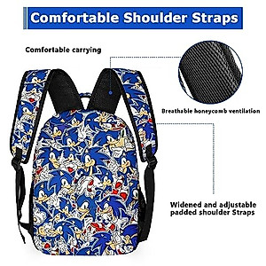 POLYES Cool Cartoon Backpack, 5Pc Gaming Backpack Bundle with Keychain, Stickers, Badges, Bracelets, Travel Bag for Game Fans Gift (blueA)