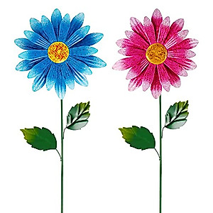 Juegoal 2 Pack Flower Garden Stakes Decor, 35 Inch Outdoor Large Metal Colorful Sunflowers Daisy Yard Art, Rust Proof Metal Plant Sticks, Indoor Outdoor Fall Lawn Pathway Patio Art Decorations