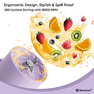 BlendQuik Personal Portable Blender for Smoothies & Shakes, Leakproof & Stylish Design Rechargeable Portable Smoothie Blender On The Go, Mason Jar Blender with 10-Blade Blending System 14oz, Purple